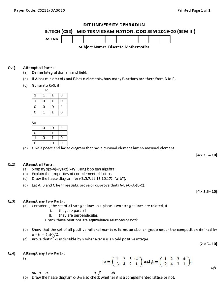CS211 Discrete Mathematics Set-2 | PDF | Mathematics | Abstract Algebra