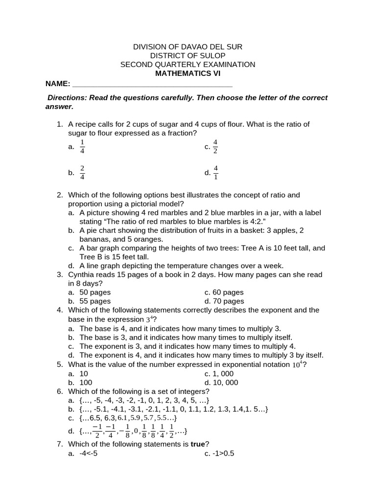 Second Quarter Test in Math 6 Sulop | PDF | Ratio | Cupcake