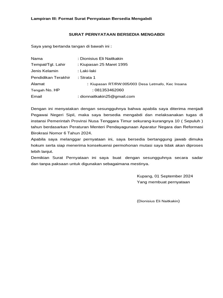 Surat Pernyataan Bersedia Mengabdi | PDF