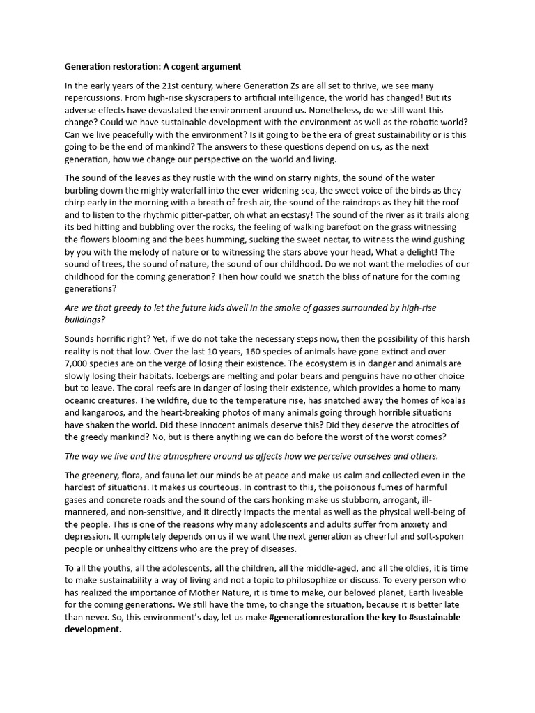 Generation restoration | PDF | Natural Environment | Ecology