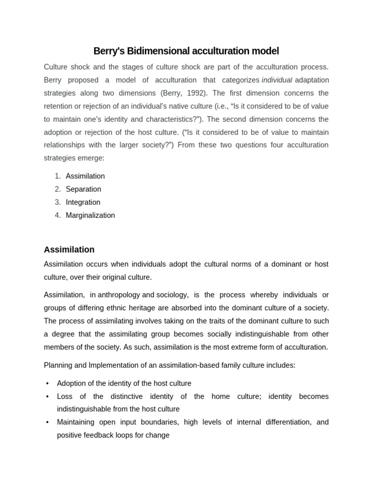 Berry's bidimentional acculturation model | PDF | Cultural Assimilation ...