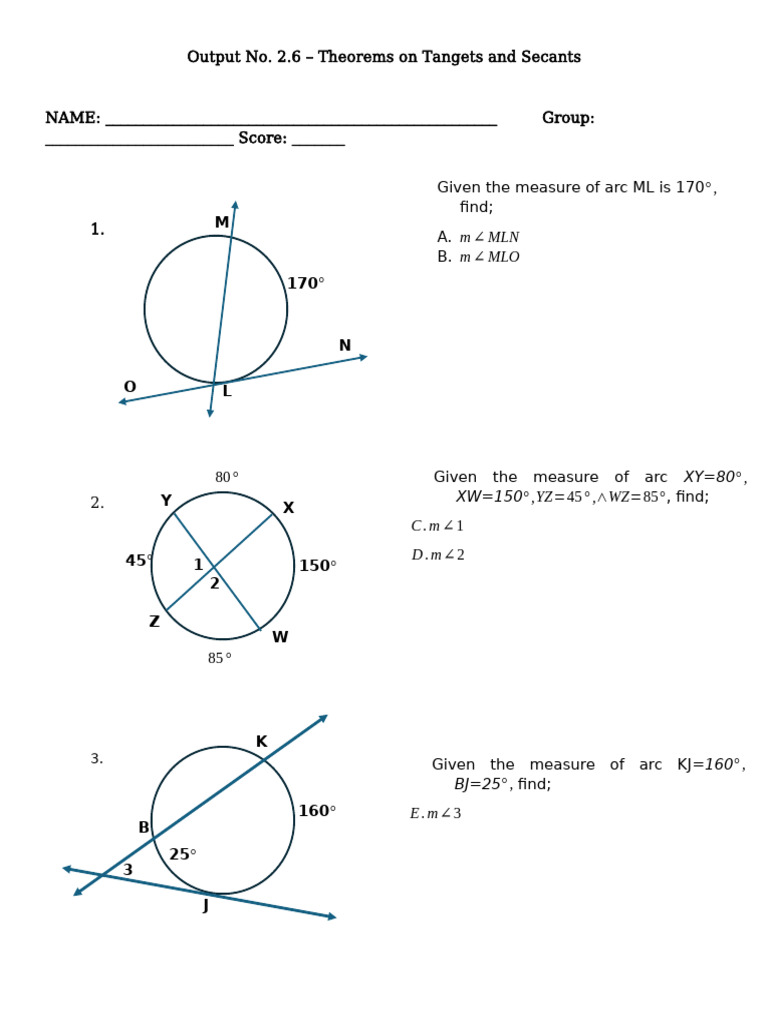 Tangents and Secants Theorems Worksheet | PDF
