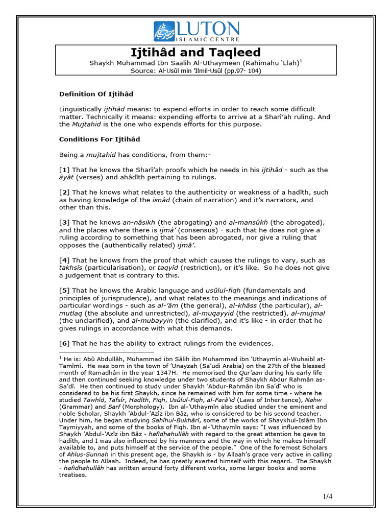 Ijtihaad and Taqleed Shaykh Muhammad Ibn Saalih Al Uthaymeen | PDF ...