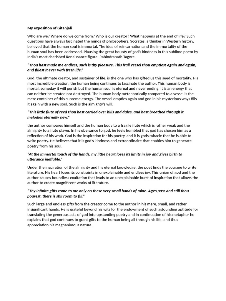 My exposition of Gitanjali | PDF | Soul | Religious Belief And Doctrine