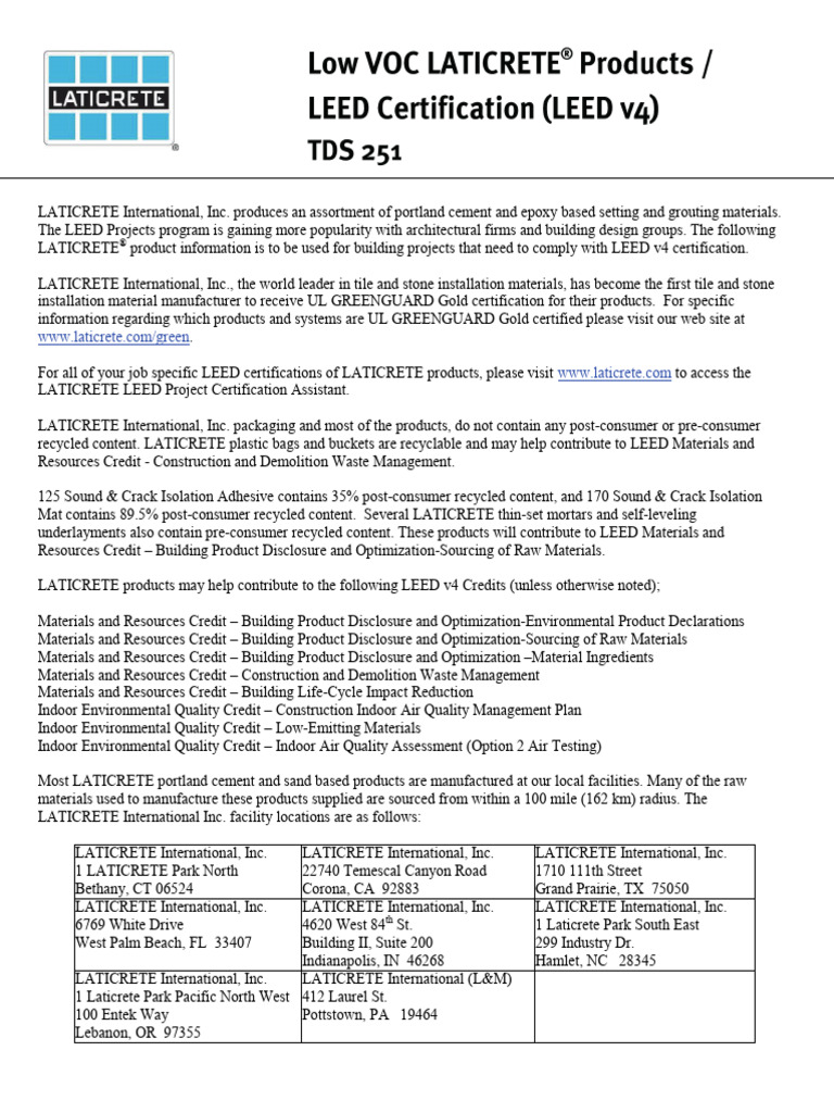 Low VOC LATICRETE Products LEED Certification X1 | PDF | Recycling | Cement