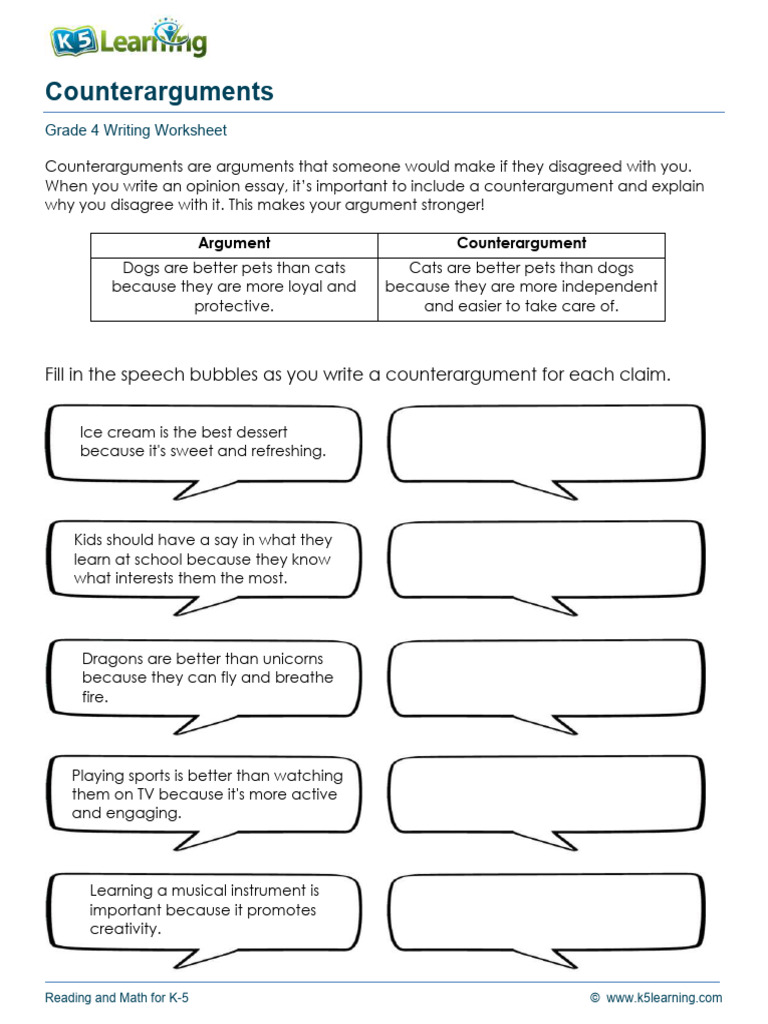Grade 4 Counterarguments Worksheet | PDF