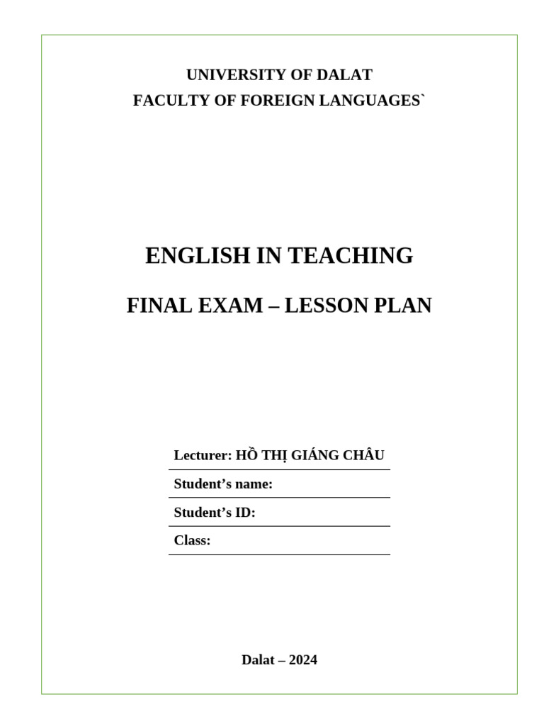 Final Exam - Lesson Plan - Cover Page - Marking | PDF
