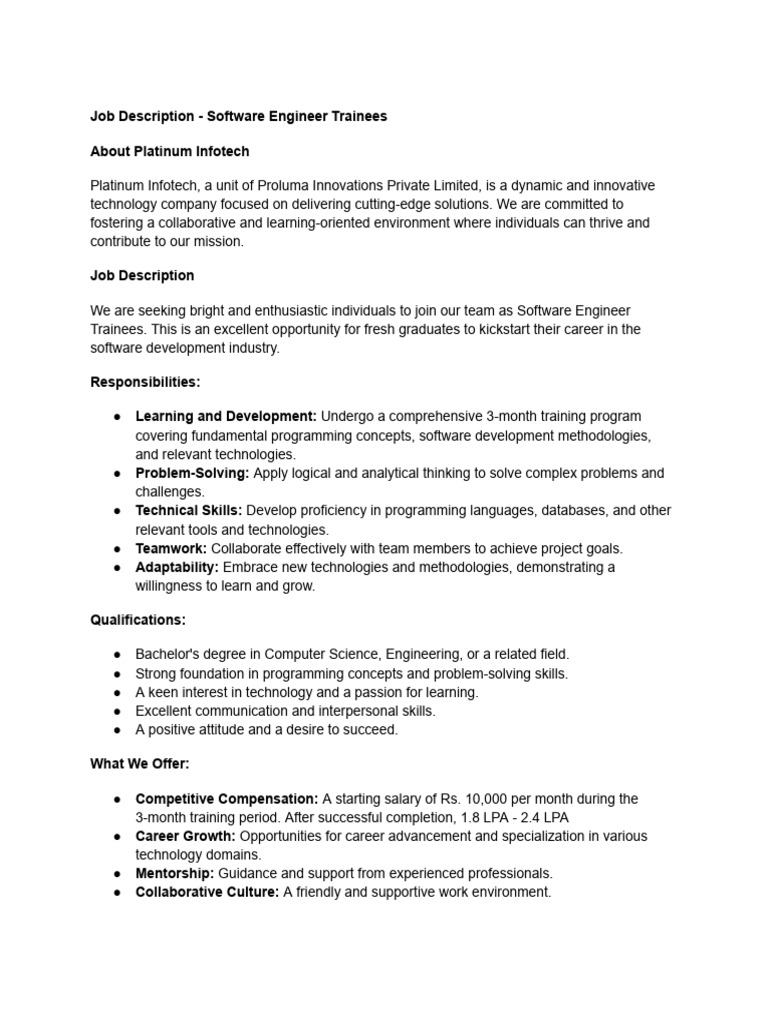 Job Description - Software Engineer Trainees | PDF