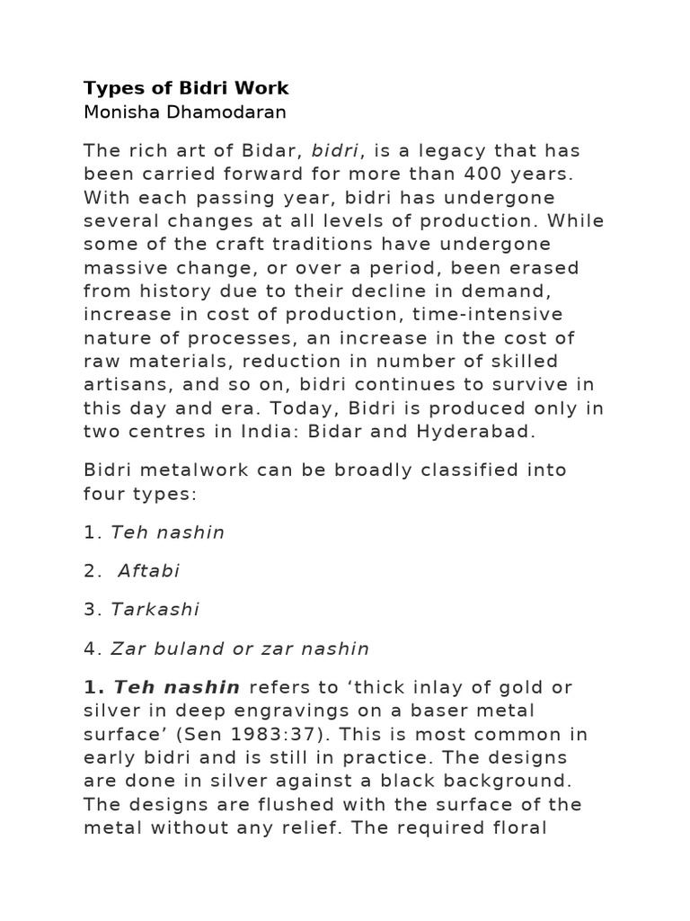 Monisha Dhamodaran - Types of Bidri Work | PDF | Metals | Crafts