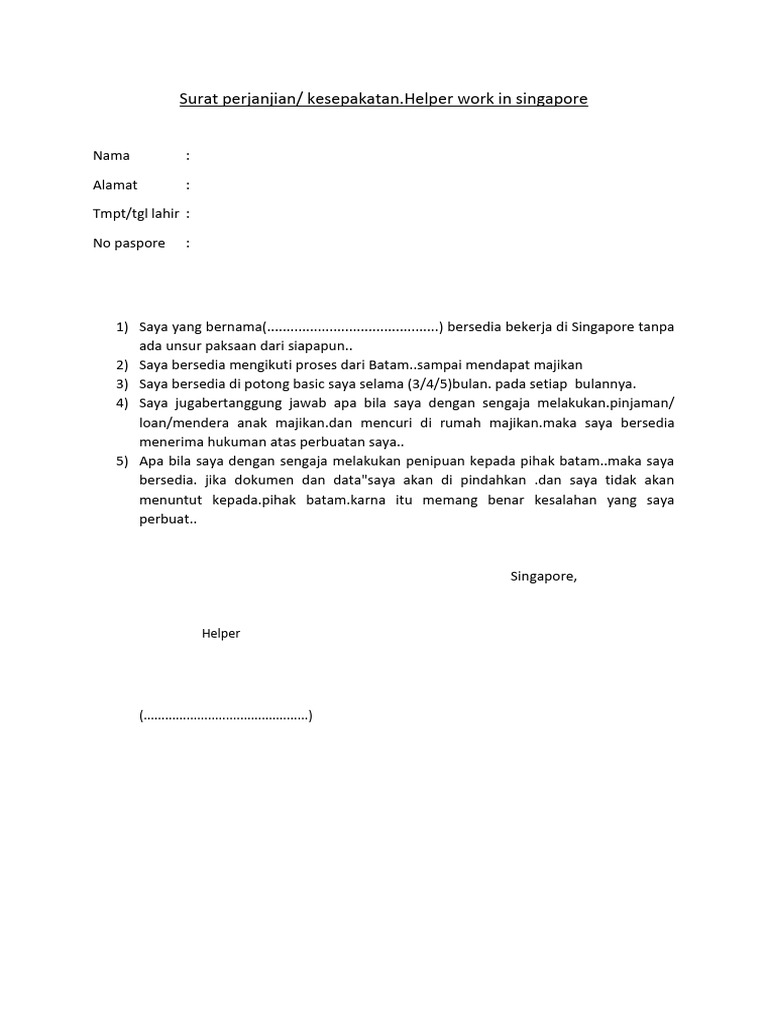 Perjanjian Kerja Helper di Singapura | PDF