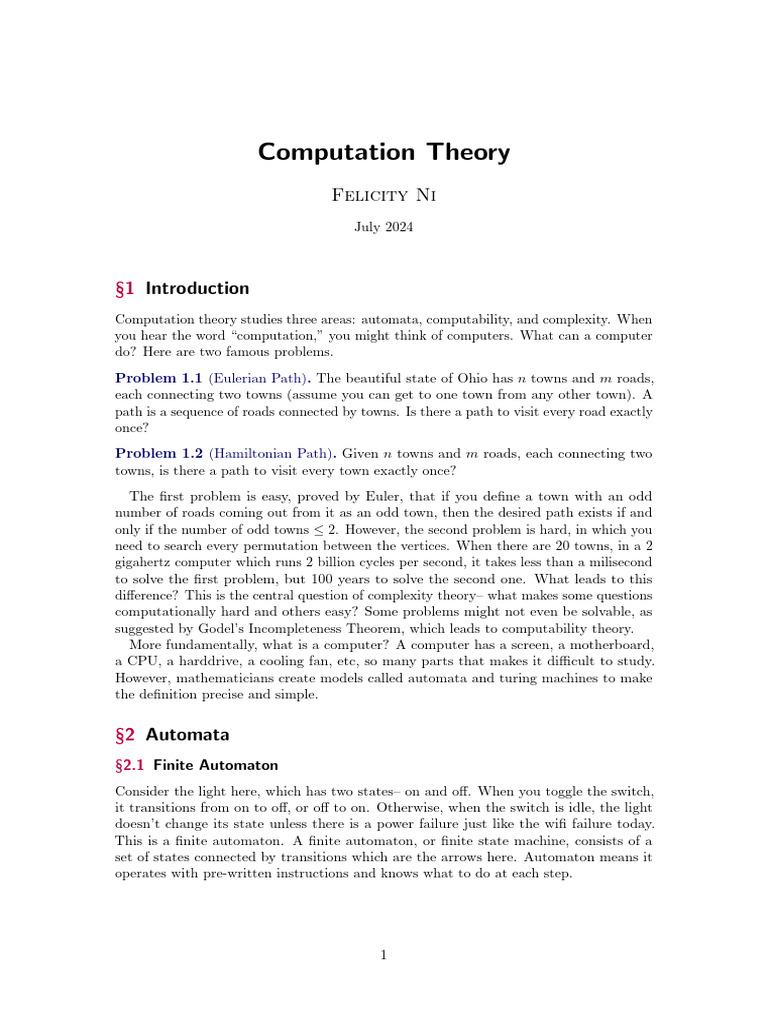 Computation Theory Lecture 1 Pdf Automata Theory Formalism