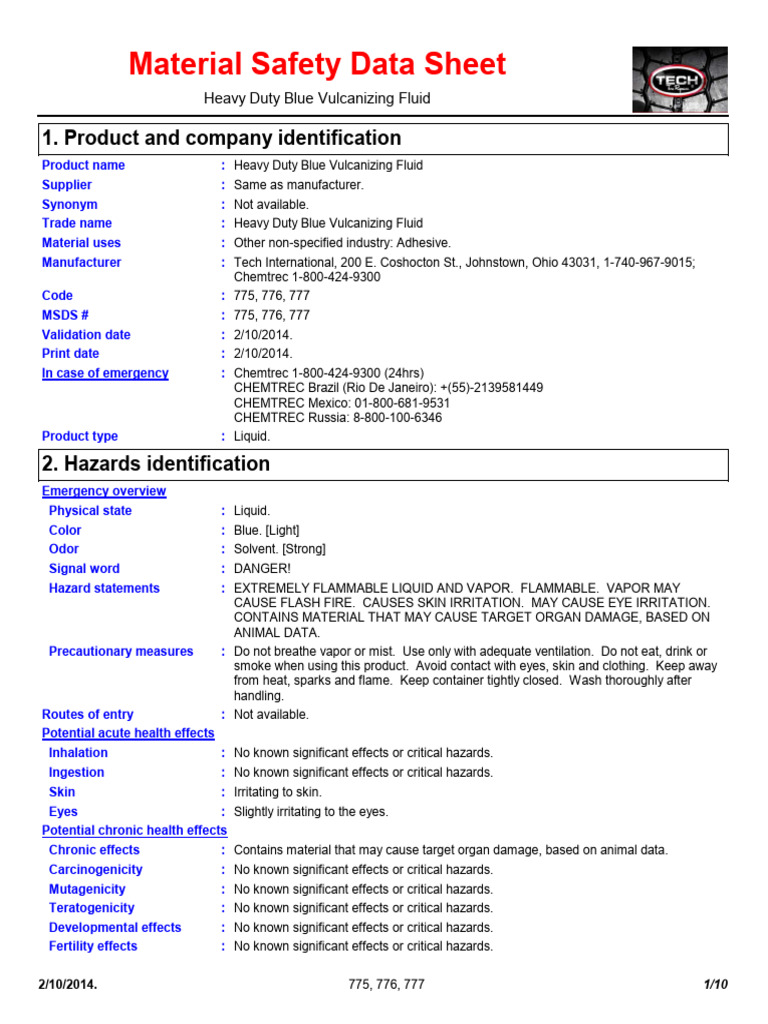 Heavy Duty Blue Vulcanizing Fluid MSDS | PDF | Waste | Waste Management