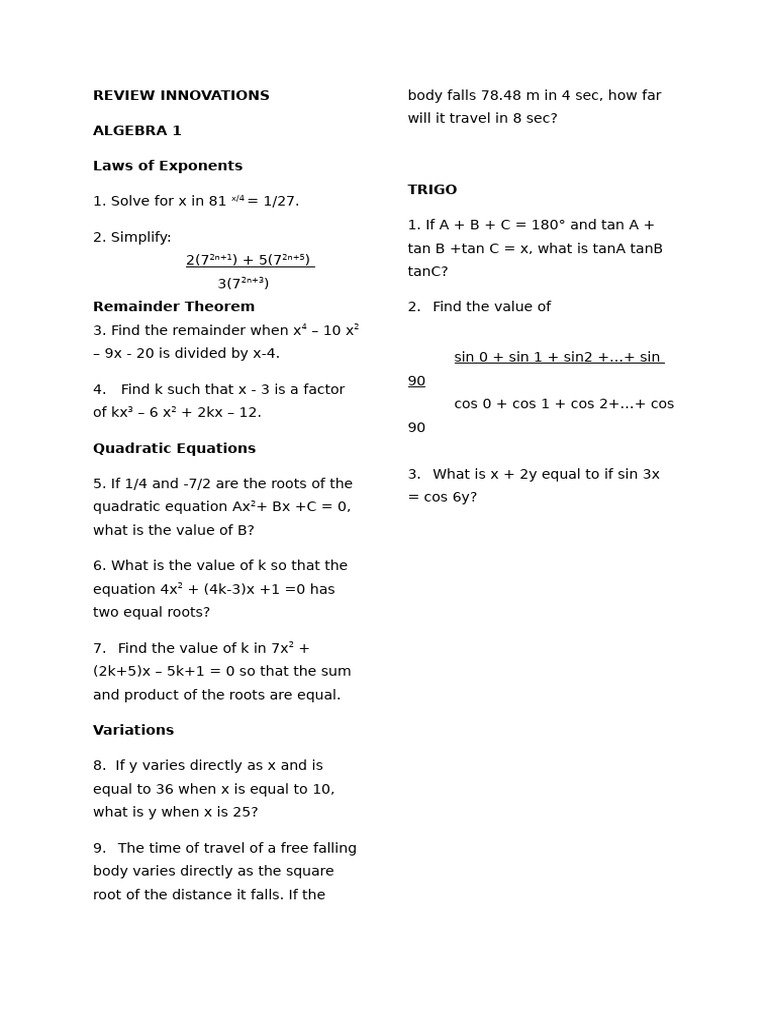 Algebra and Trigonometry Review Guide | PDF | Quadratic Equation ...