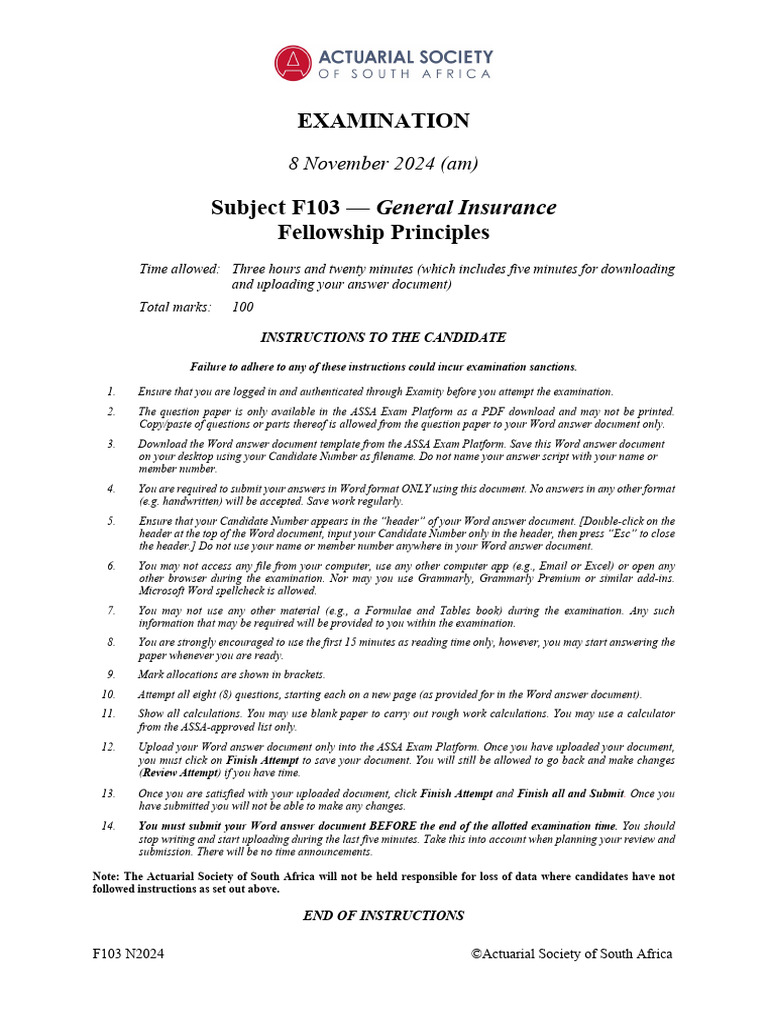 F103 Exam 2024-11 (Virtual) | PDF | Reinsurance | Insurance