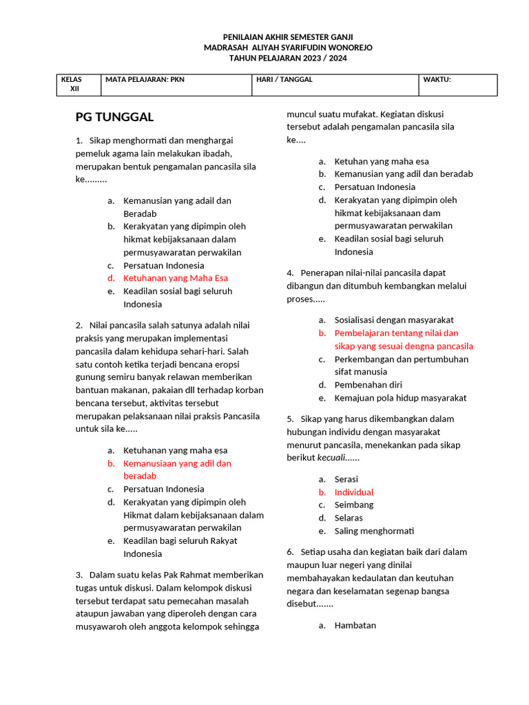 Format Soal Pas Ganjil 2024 Xii | PDF