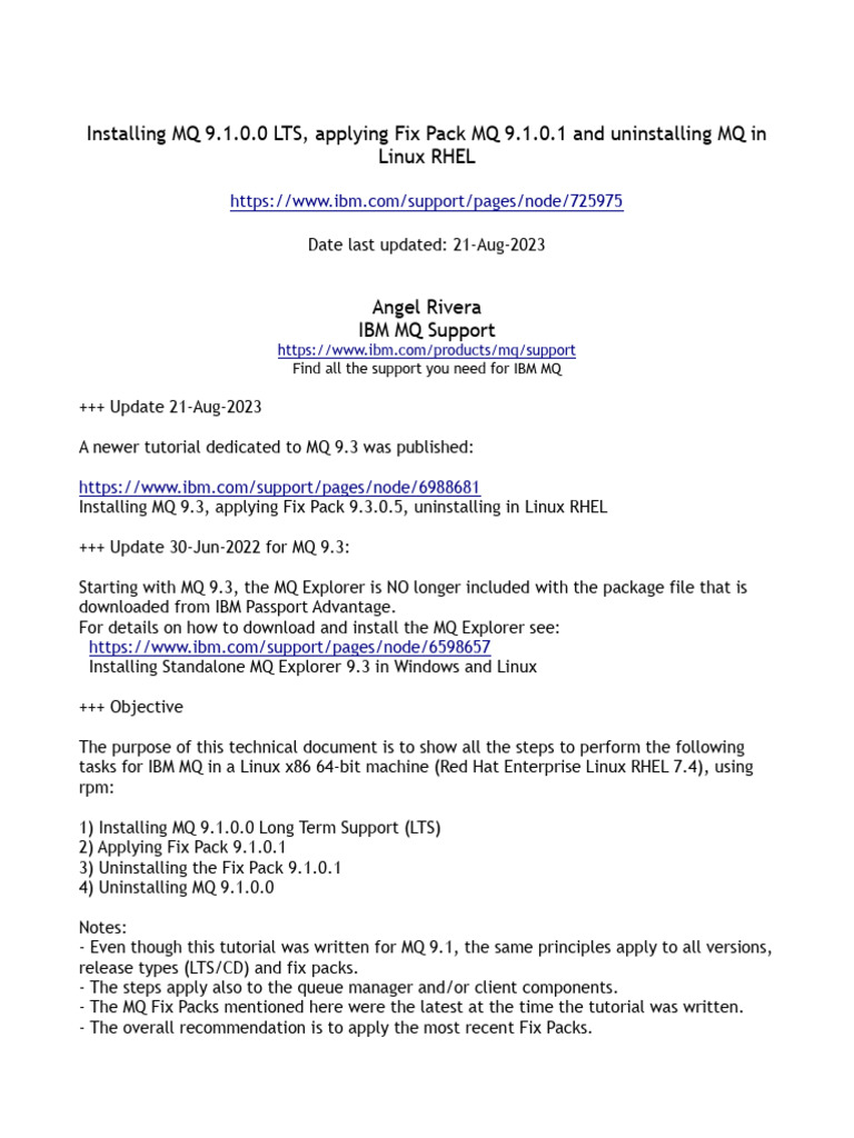 Installing MQ 9.1.0.0, Applying Fix Pack MQ 9.1.0.1, Uninstalling MQ in Linux RHEL - 2 | PDF ...