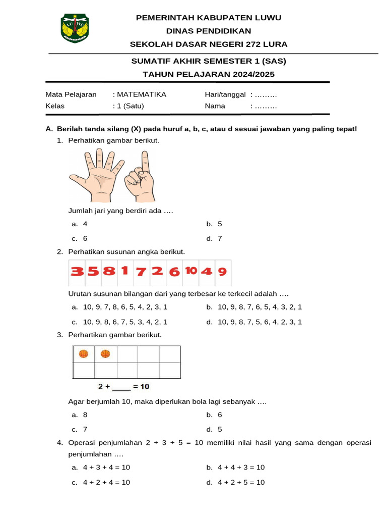 Soal Asas Ganjil Matematika Kelas 1 | PDF
