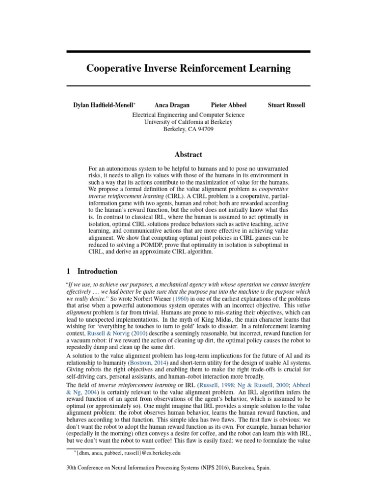 cooperative_inverse_reinforcement_learning_hadfield_mendell_et_al_2016 | PDF | Artificial ...
