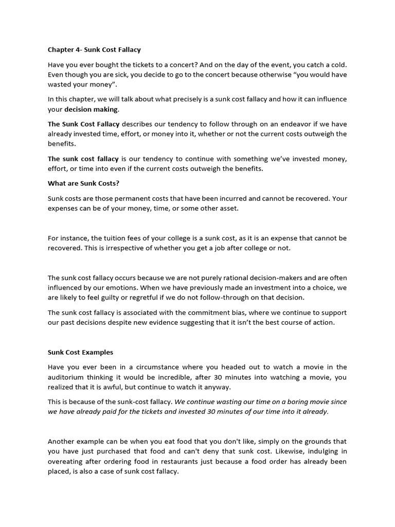 Chapter 4 - Sunk Cost Fallacy | PDF | Business | Economies
