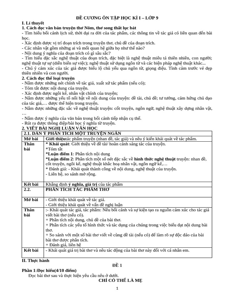 Đề Cương Ôn Tập Lớp 9.HKI | PDF