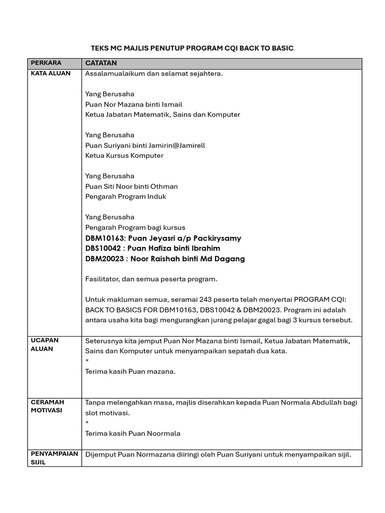 TEKS MC MAJLIS PENUTUP PROGRAM CQI BACK TO BASIC | PDF