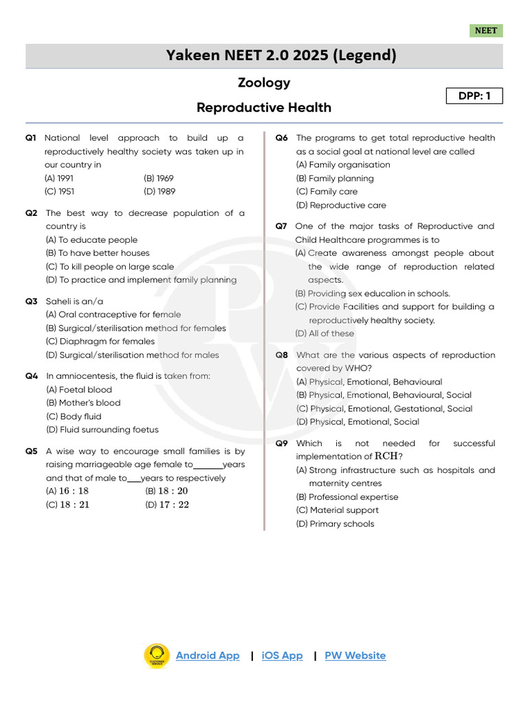 Reproductive Health DPP 01 Yakeen NEET 2.0 2025 (Legend) | PDF | Family ...