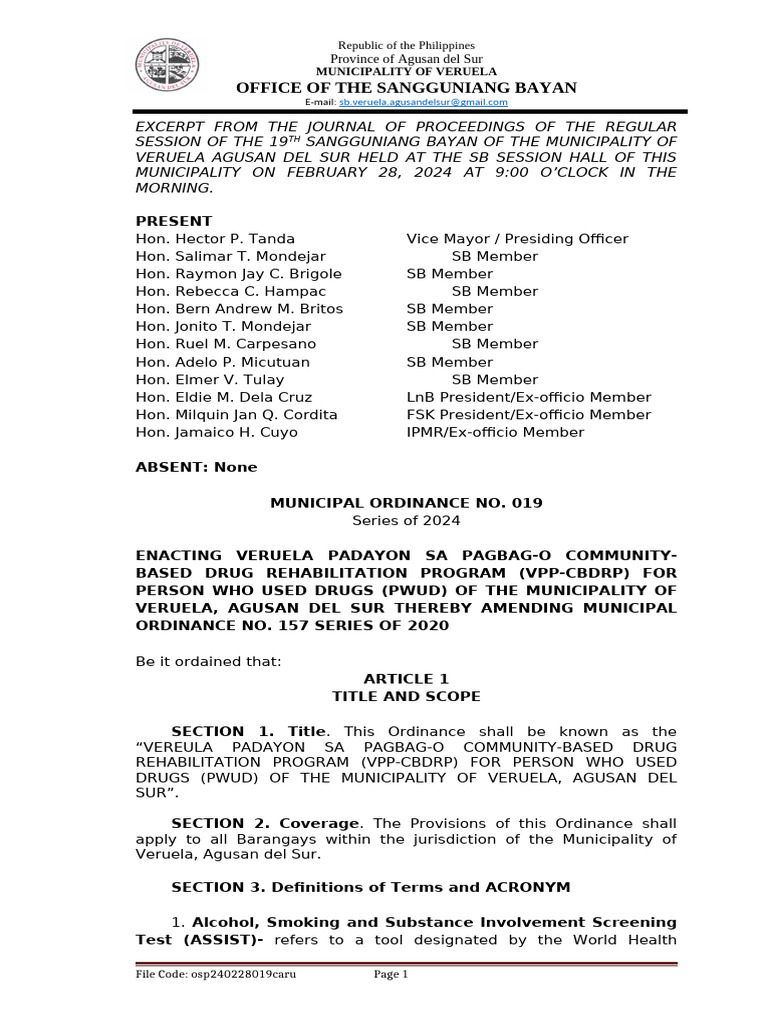 Municipal Ordinance - CBDRP | PDF | Substance Abuse | Substance Dependence