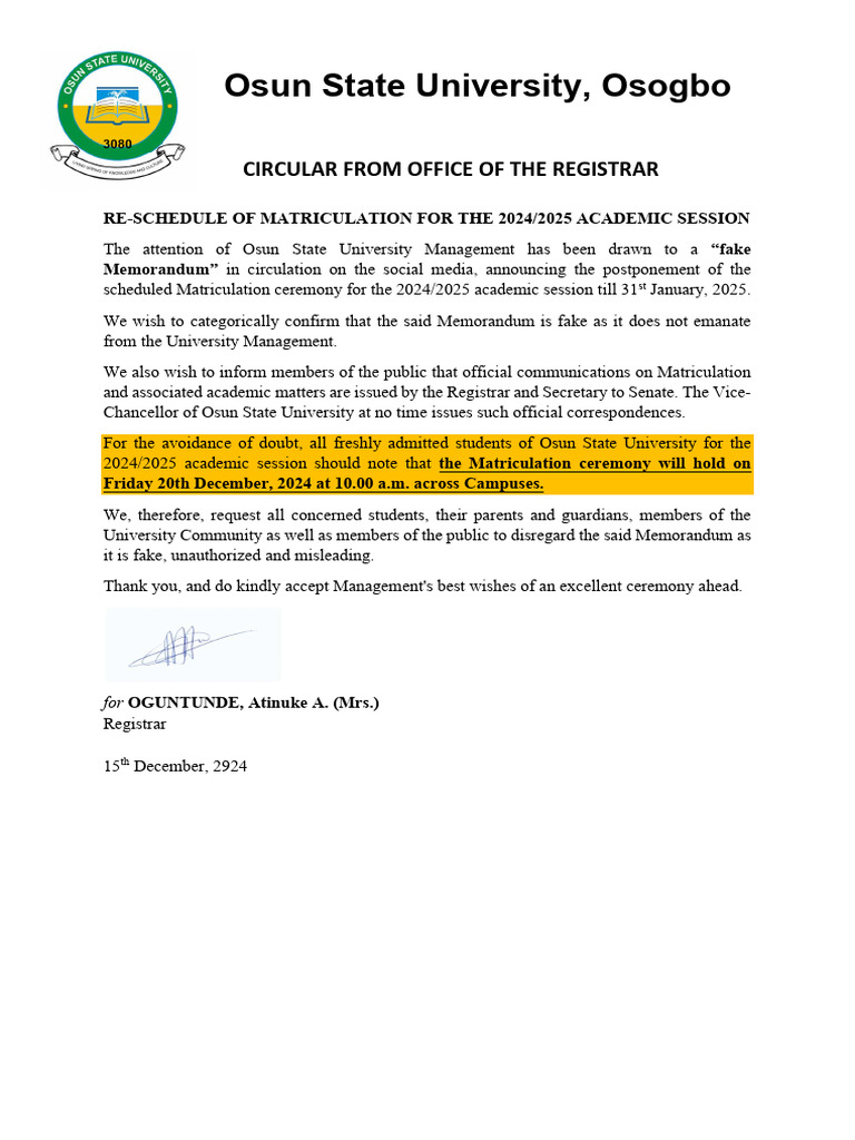 UNIOSUN 2024/2025 Matriculation Date | PDF