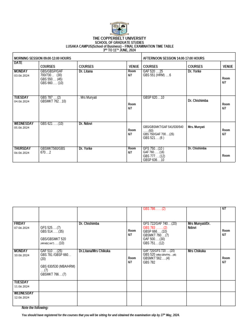 JUNE_2024_FINAL__EXAMINATION_TIME_TABLE_(lusaka_campus)_(1) | PDF