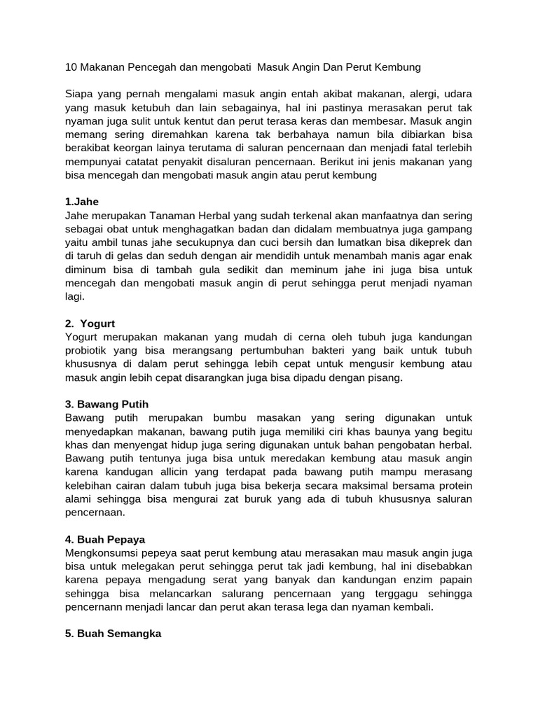 10 Makanan Pencegah Dan Mengobati Masuk Angin Dan Perut Kembung | PDF