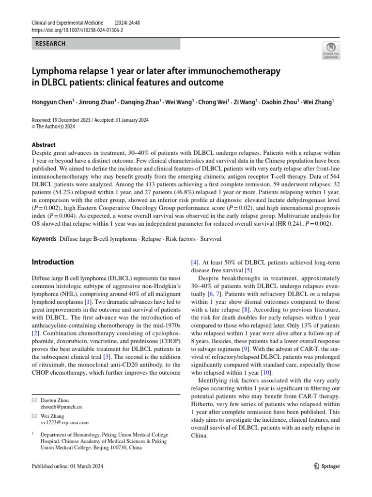 Lymphoma Relapse 1 Year or Later After Immunochemotherapy in DLBCL ...