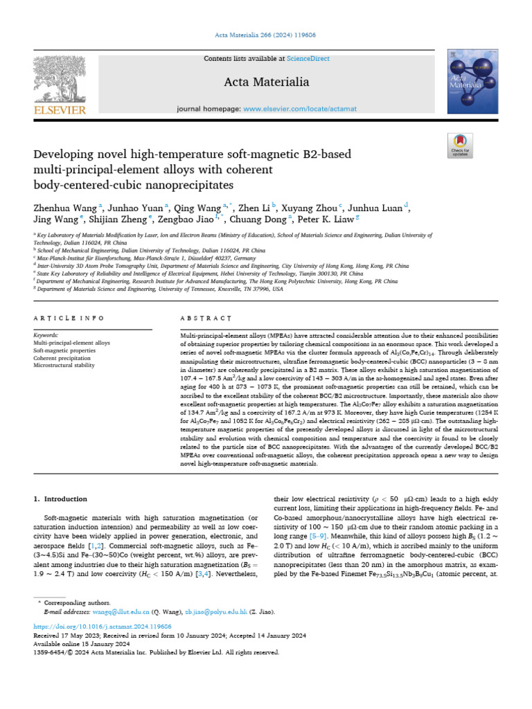 Developing novel high-temperature soft-magnetic B2-based multi-principal-element alloys with ...