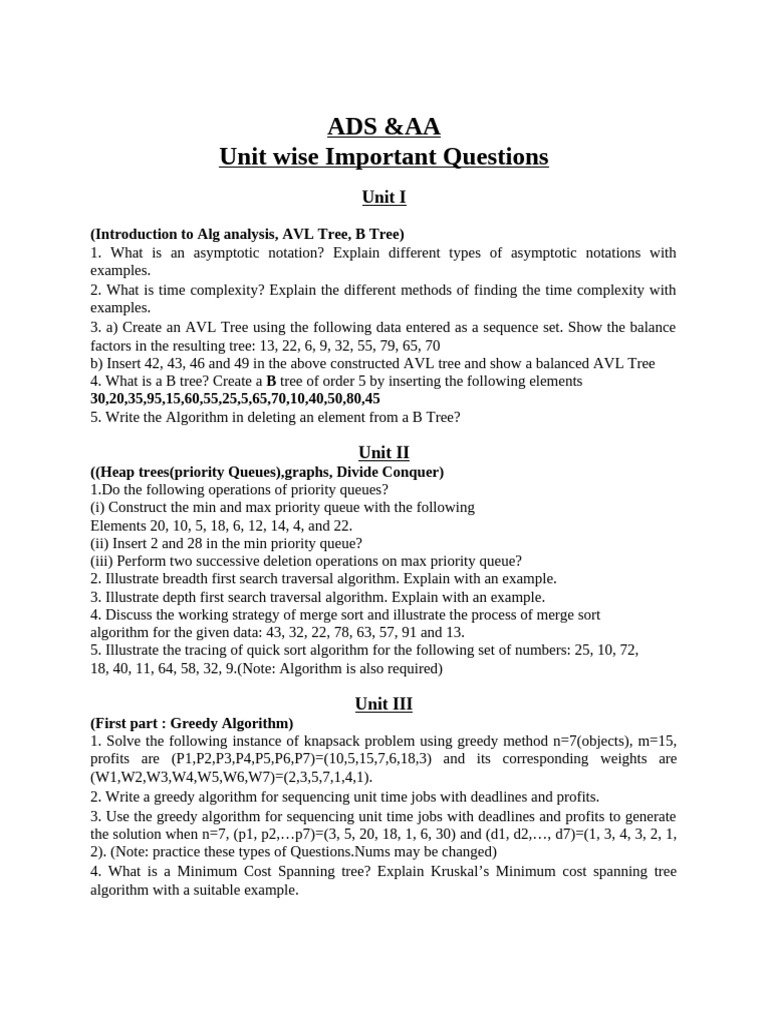 Important Questions on Algorithms and Data Structures | PDF ...