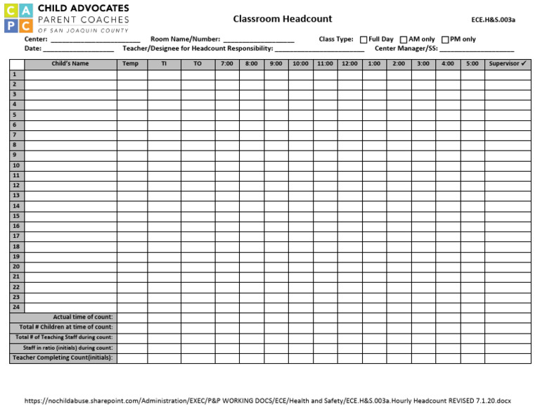 ECE.H&S.003a.hourly Headcount REVISED 7.1.20 | PDF