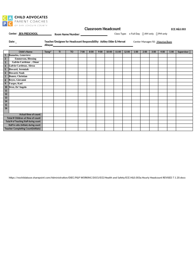 Preschool Classroom Headcount Log | PDF