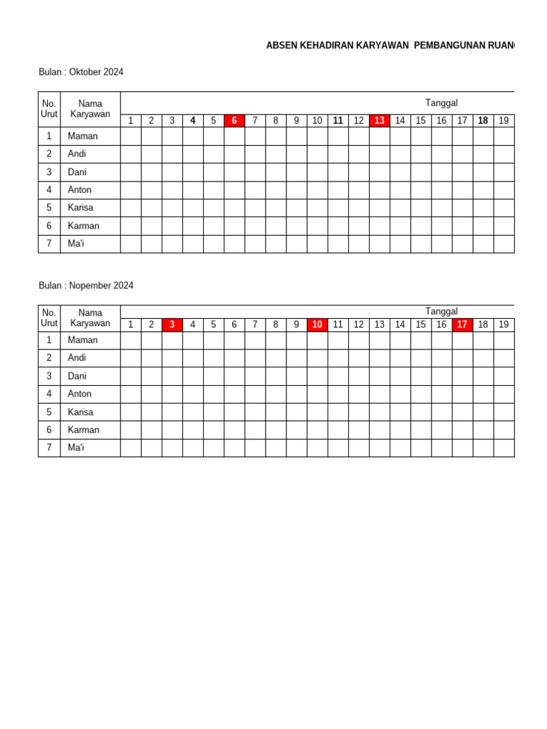 Absen Karyawan Pembangunan RKB | PDF