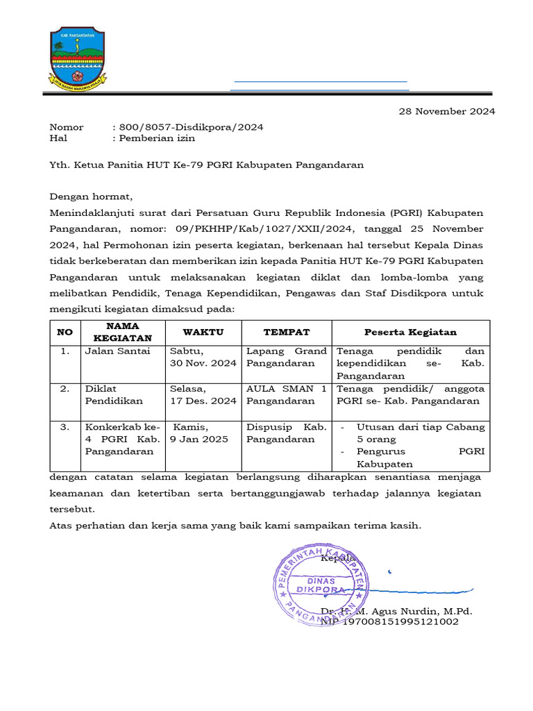 Izin Kegiatan Pgri Kabupaten PND | PDF