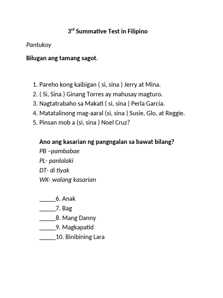 3rd Summative Test in Filipino | PDF