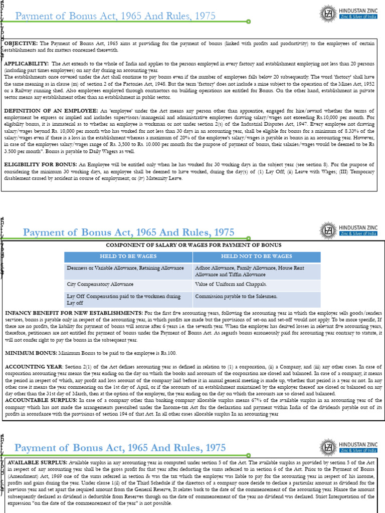 Abstract Payment of Bonus Act, 1965 and Rules | PDF | Employment | Salary