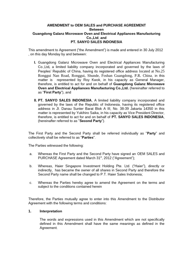 Amendment To OEM Sales Purchase AGREEMENT Galanz Microwave and Sanyo ...