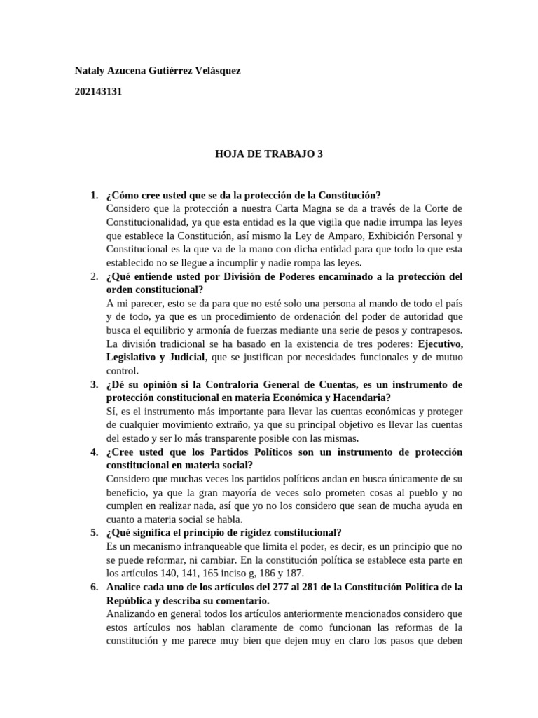 Hoja de Trabajo 3 6-12-22 | PDF | Constitución | Separación de poderes
