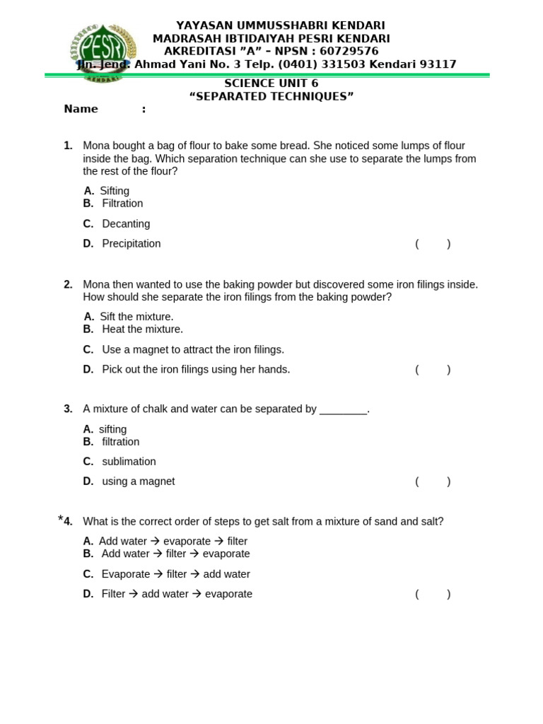 EXERCISE UNIT 6 | PDF | Filtration | Solubility