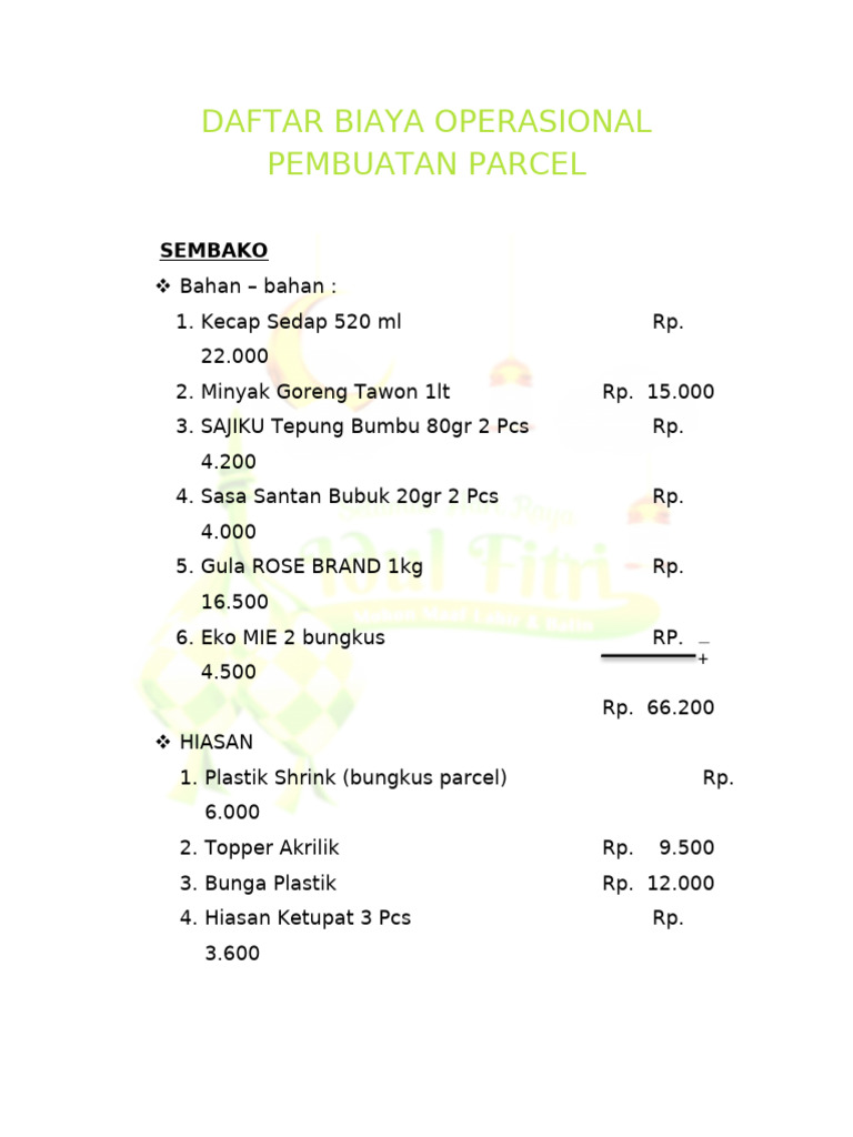 Daftar Biaya Operasional Pembuatan Parcel | PDF