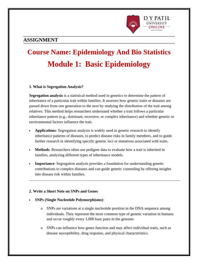 Assignment Module 1 Basic Epidemiology | PDF | Single Nucleotide Polymorphism | Genetics