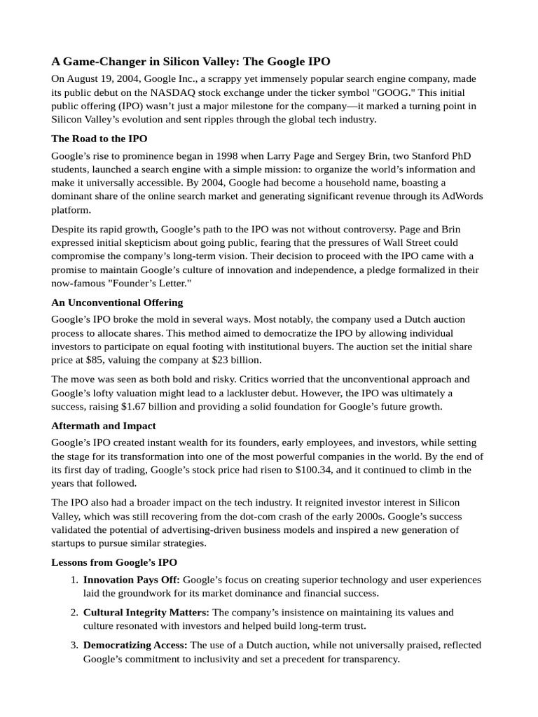 Google IPO: A Silicon Valley Milestone | PDF | Initial Public Offering ...