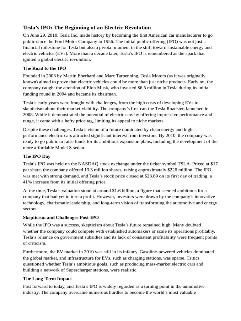 Tesla's IPO: A Milestone for EVs | PDF | Economies | Vehicles
