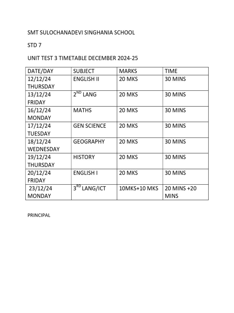 SMT SULOCHANADEVI STD 7 Test Timetable | PDF