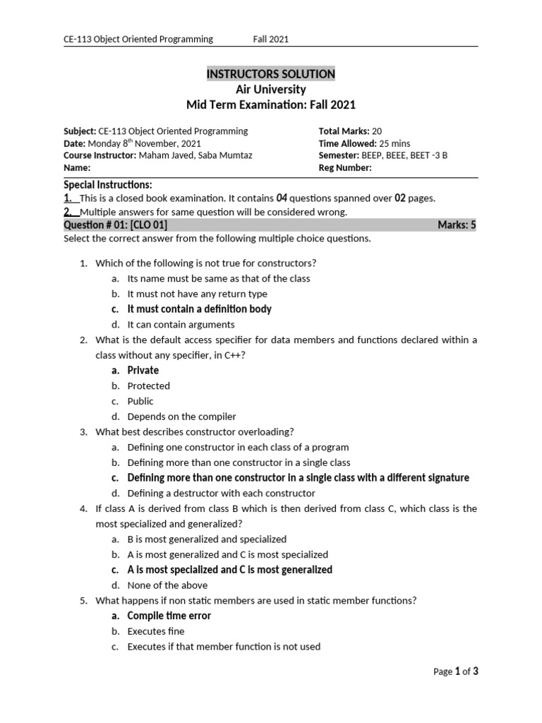 Midterm Fall 2021 - Objective - MOCK For Summer | PDF | Constructor ...