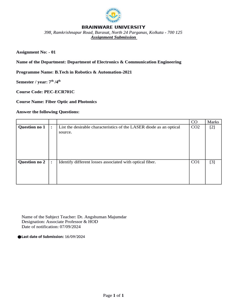 B.Tech Robotics Assignment on Fiber Optics | PDF