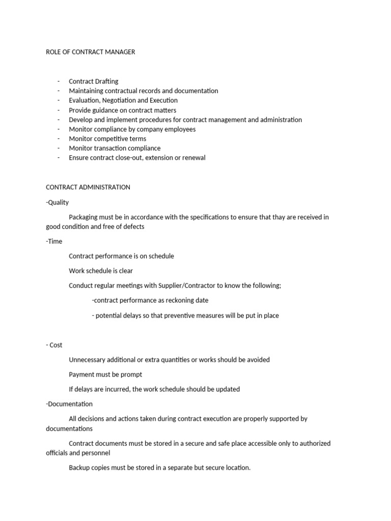 ROLE OF CONTRACT MANAGER | PDF | Specification (Technical Standard ...